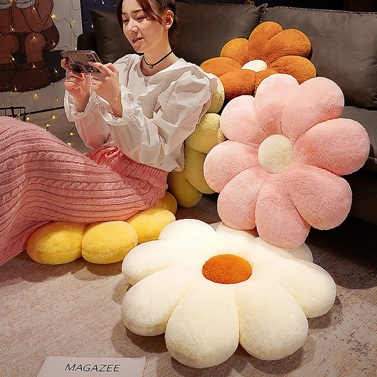 Imitation Rabbit Fur Petal Cushion Office Chair Cushion Bedroom Bay Window Cushion Sofa Cushion.Vikcewn. (15 inches (About 38CM), Pink)