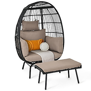 YITAHOME Wicker Egg Chair with Ottoman Outdoor Indoor Oversized Lounger with Stand, Cushions, Egg Basket Chair for Patio Backyard Porch - Brown & Black