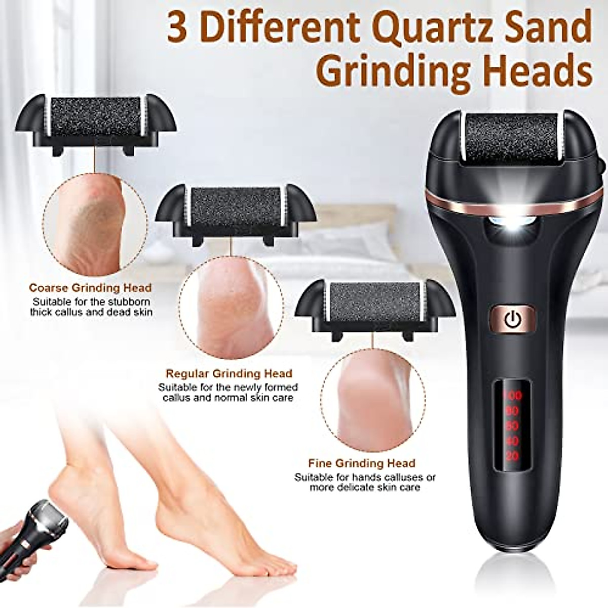 Electric Foot Callus Remover Kit, Banral 10 in1 Rechargeable Pedicure Tools Foot Care Feet File with 3 Roller Heads,2 Speed,Battery Display for Remove Cracked Heels Calluses and Dead Skin
