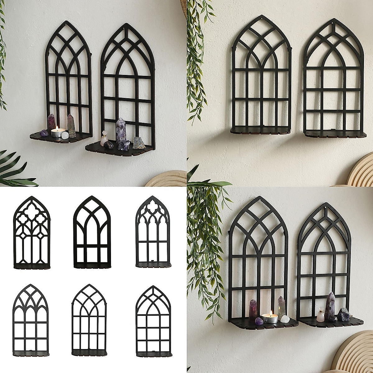 Vintage Hollowed Window Frame Wall Shelf Wood Black Crystal Display Stand Plant Holder Hanging Shelves For Home Decors