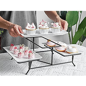 ONEMORE 3 Tier Serving Tray - Collapsible Tiered Stand and Ceramic Serving Platters - Cross Bars Included - White