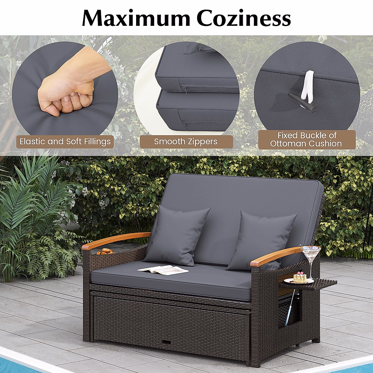 HAPPYGRILL Outdoor Wicker Sofa Daybed, Rattan Loveseat with Folding Panels & Storage Ottoman, 4-Level Adjustable Backrest, Cozy Cushions Included, Sun Lounger Daybed for Backyard Porch, (Grey)