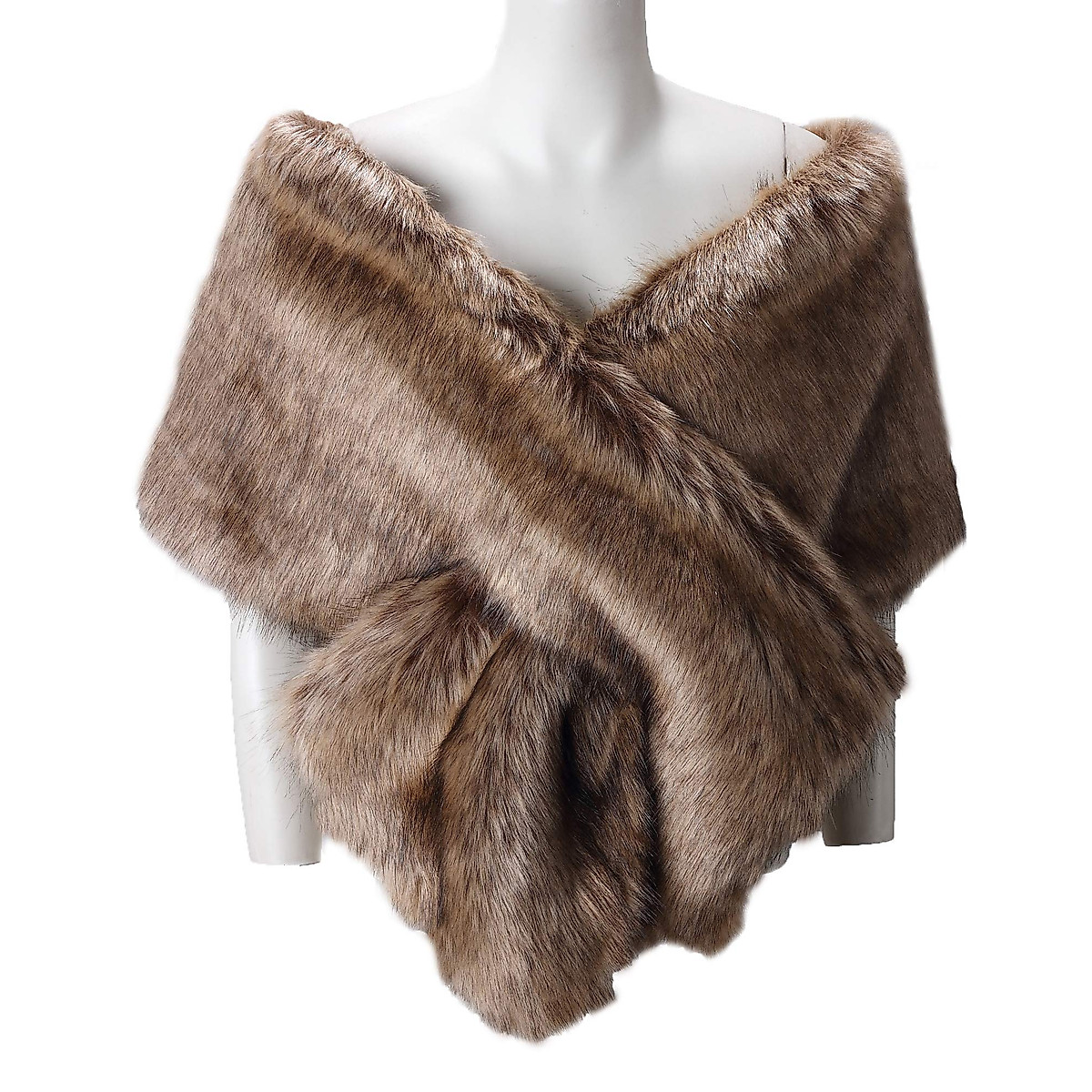 Caracilia Women Luxury Faux Fur Coat Jackets Wrap Cape Shawl for Wedding Party Brown Fur Small
