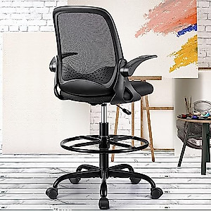 KERDOM Drafting Chair Tall Office Chair Ergonomic Computer Standing Desk Chair Swivel Work Chair with Flip-up Armrests and Adjustable Footrest Ring (933Z Black)