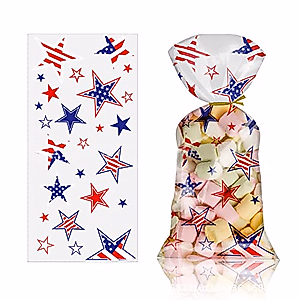 Yaroelrd 100 Pieces Patriotic Cello Bag Independence Day Cellophane Gift Bag with Gold Twist Tie for Independence Day Sports Event Party Decorations 4 Styles