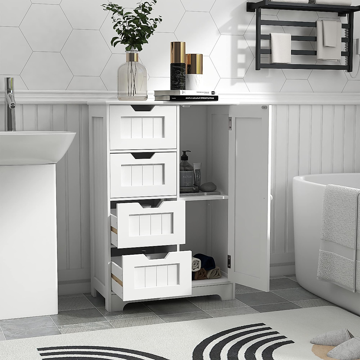 RASOO Bathroom Storage Cabinet White Freestanding Floor Storage Cupboard Adjustable Shelf with 4 Drawers and 1 Door