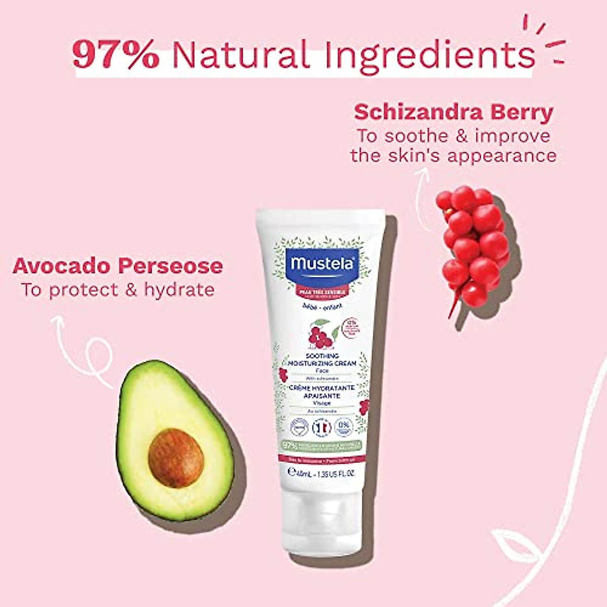 Mustela Baby Soothing Moisturizing Cream - Face Moisturizer for Very Sensitive Skin - with Natural Avocado & Schizandra Berry - Fragrance-Free - 1.35 fl. oz.