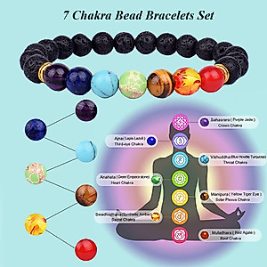 Svovin 14 Pcs Lava Rock 7 Chakra Energy Oil Diffuser Bracelet Set for Women Men Unisex Elastic 8mm Stone Yoga Beaded Bracelets Jewelry With Lucky Healing