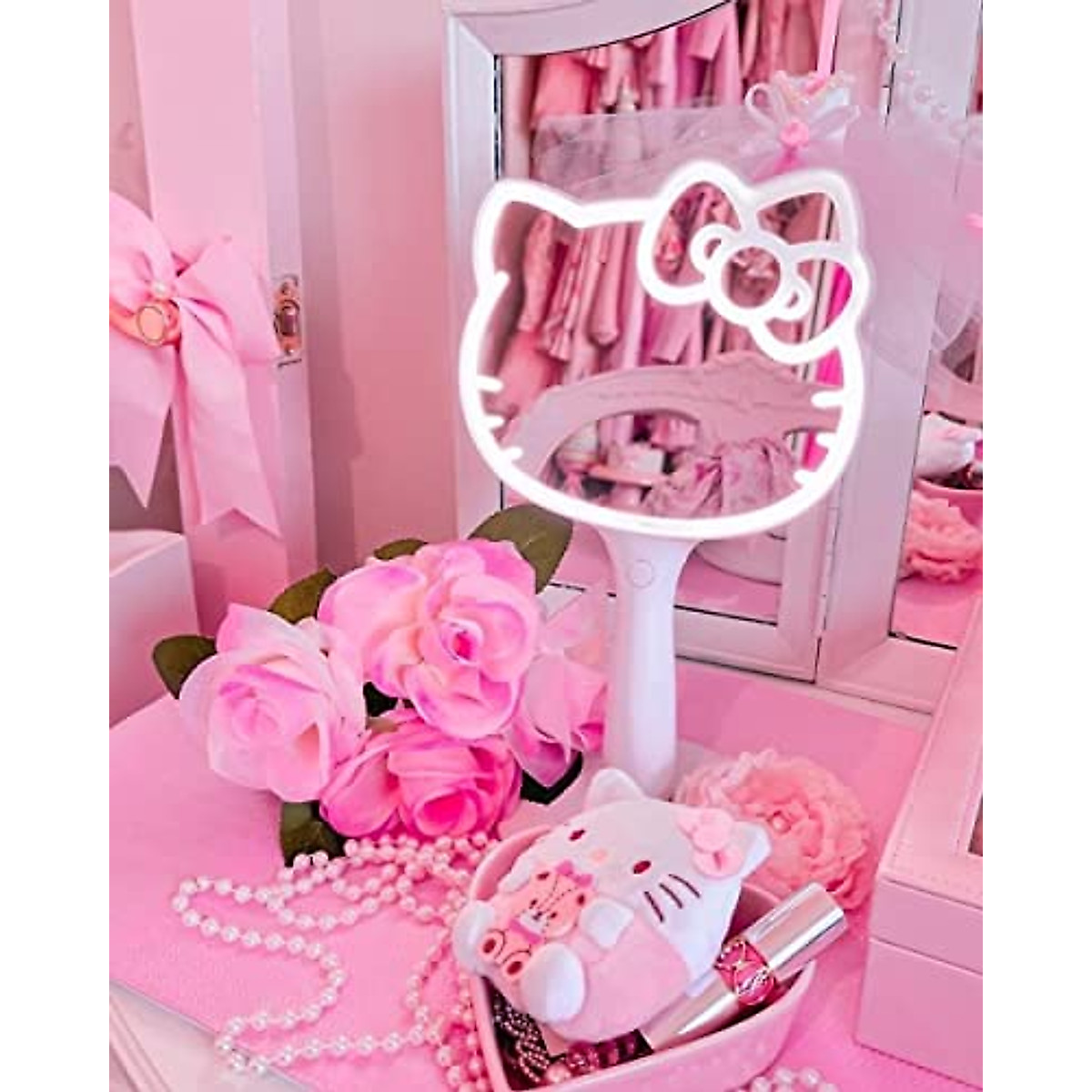 Impressions Vanity Hello Kitty LED Handheld Mirror, Makeup Vanity Mirror with Standing Base and Adjustable Brightness