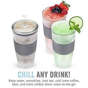 HOST Straw and Lid Plastic Double Wall Insulated Freezable Drink Chilling Tumbler with Freezing Gel Glasses for Red and White Wine, 16 oz, Grey