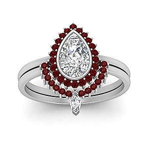 55Carat Bezel Pear Shape Halo Diamond Wedding Ring Set Sterling Silver Created Ruby Pear Shape Red Color Wedding Ring Sets Prong Setting in Size 8 Party Wear Daily Wear Ornament