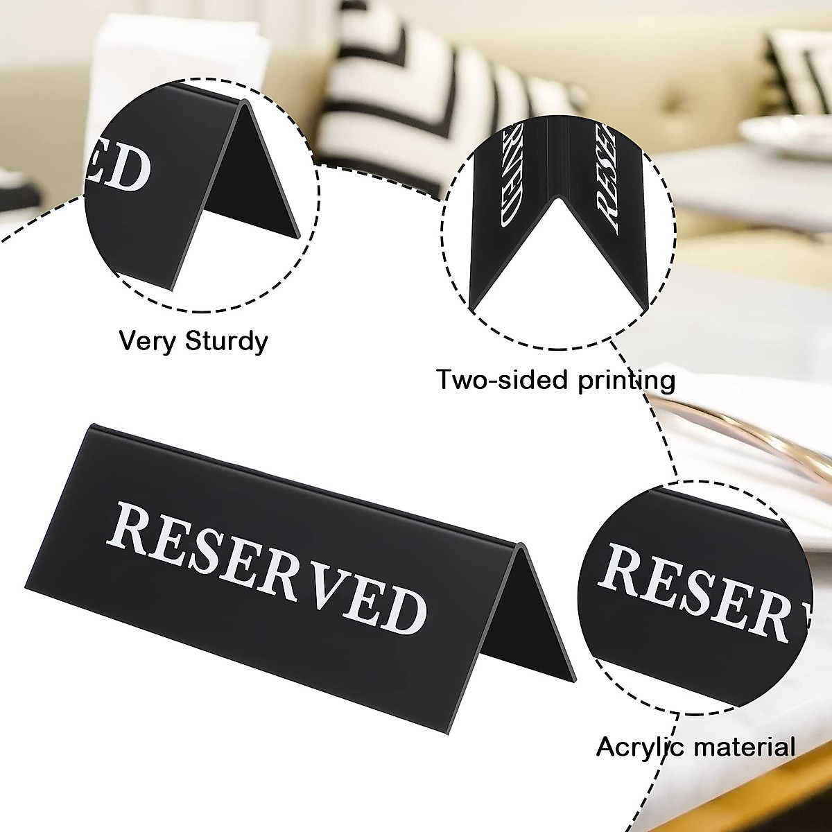 6 Pieces Plastic Reserved Table Sign Table Tent Wedding Guest Reservation Seat Sign for Restaurant Wedding Chairs(7.9 x 2.7 Inches,White Words Black Background)
