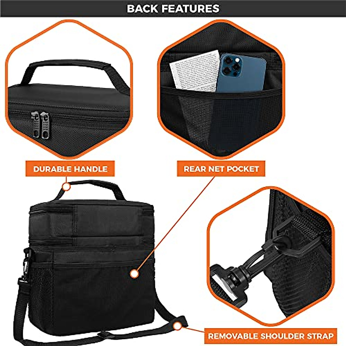 opux Insulated Lunch Bag for Men Women, Large Dual Compartment Cooler Bag, Soft Two Deck Lunch Box for Work School Picnic, Leakproof Lunch Tote with Shoulder Strap for Kid Adult (Black, Double Deck)