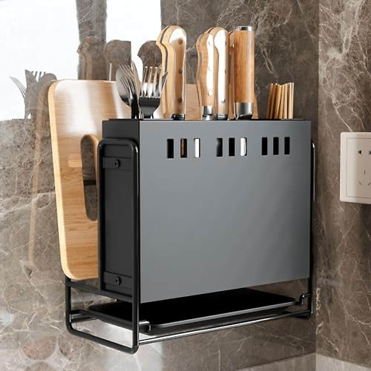 ZHENZQ Integrated Kitchen Utensils Holder No Drilling Hanging Knives and Chopsticks Storage Rack Modern Iron Storage Solution