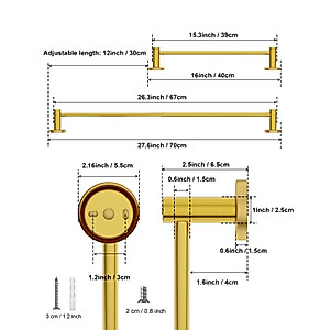 2 Pack Adjustable 16 to 27.6 Inch Single Gold Towel Bar, iMomwee SUS304 Stainless Steel Bath Towel Holder, Wall Mounted Towel Rail for Bathroom Kitchen Washroom, 1" Diameter Towel Rod with S Hooks
