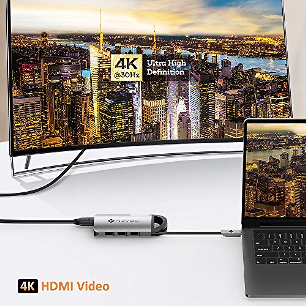 NOVOO USB C Hub 8 in 1 with Hidden Cable Multiport Adapter with 4K HDMI 100W PD Charging Ethernet 3*USB 3.0 SD/TF Card Reader, USB C to HDMI Adapter for Thunderbolt Laptops Phones and Tablets