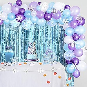CHRORINE Girl Birthday Party Decorations Supplies, Blue Party Decorations, Snowflake Decorations, 109 pcs Balloons, 2 pcs Blue Foil Curtains, Maple Leaves, Snowflakes