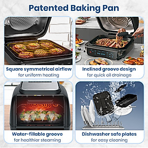 Parmedu Air Fryer Indoor Smokeless Grill: 12-in-1 Electric Air Grill Combo with Bake, Roast, Broil, Steam, Dehydrate, 1800W Power Grill with Smart Thermometer, Non-stick Dishwasher-safe Plates, 6Qt