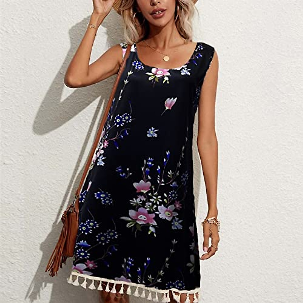 Midi Spring Dresses for Women 2023 2023 Women's Summer Loose Tassel Sleeveless Printed Dress Black