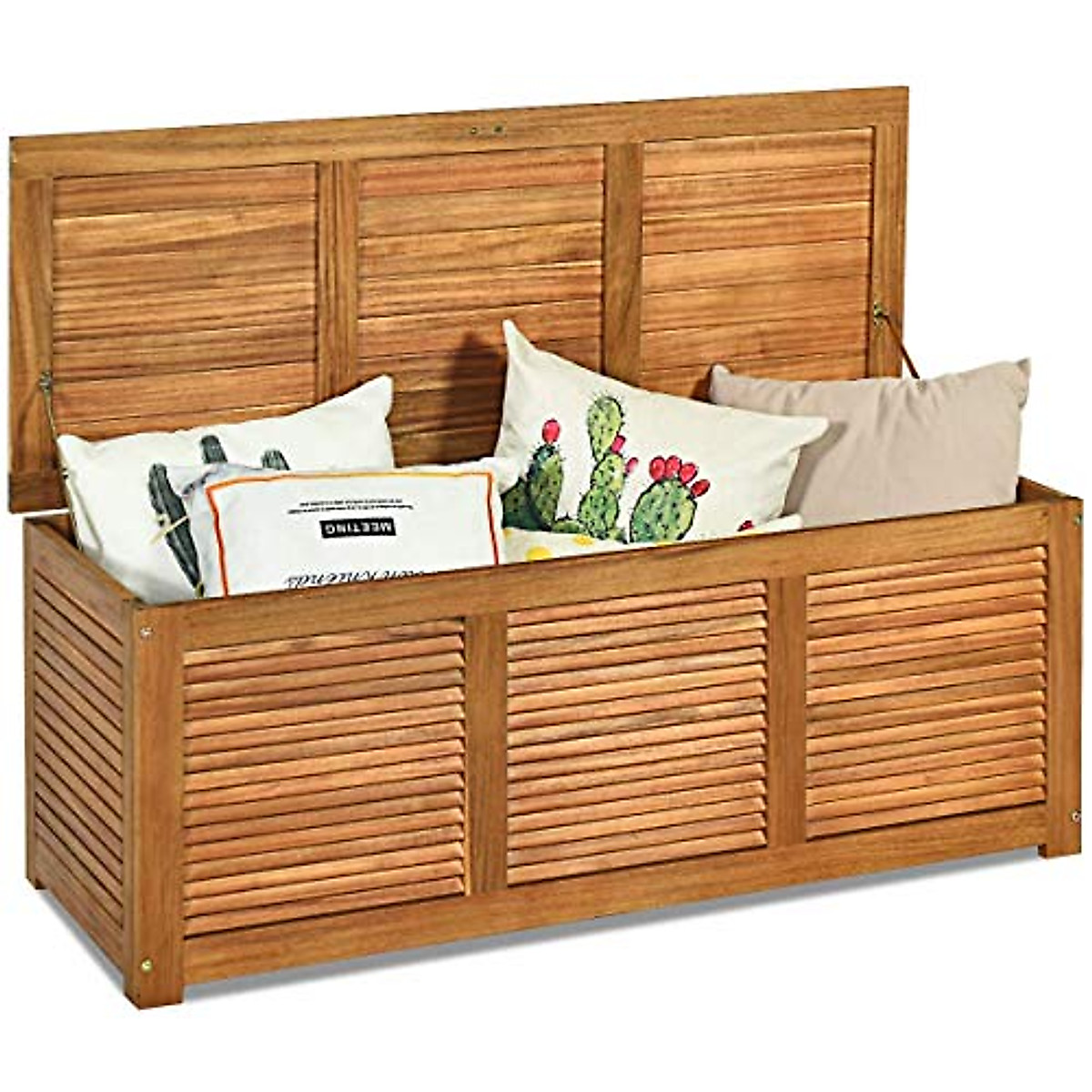 LDAILY Moccha Garden Backyard Storage Bench, Large Acacia Wood Deck Box, Outdoor Storage Container for Patio Furniture Cushions and Gardening Tools