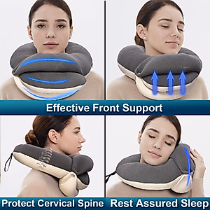 BUYUE Travel Neck Pillows for Airplanes, 360° Head Support Sleep for Long Flight, Skin-Friendly & Breathable, Kit with 3D Contoured Eye Mask, Earplugs and Storage Bag (Adult, Grey, 90+ lbs)