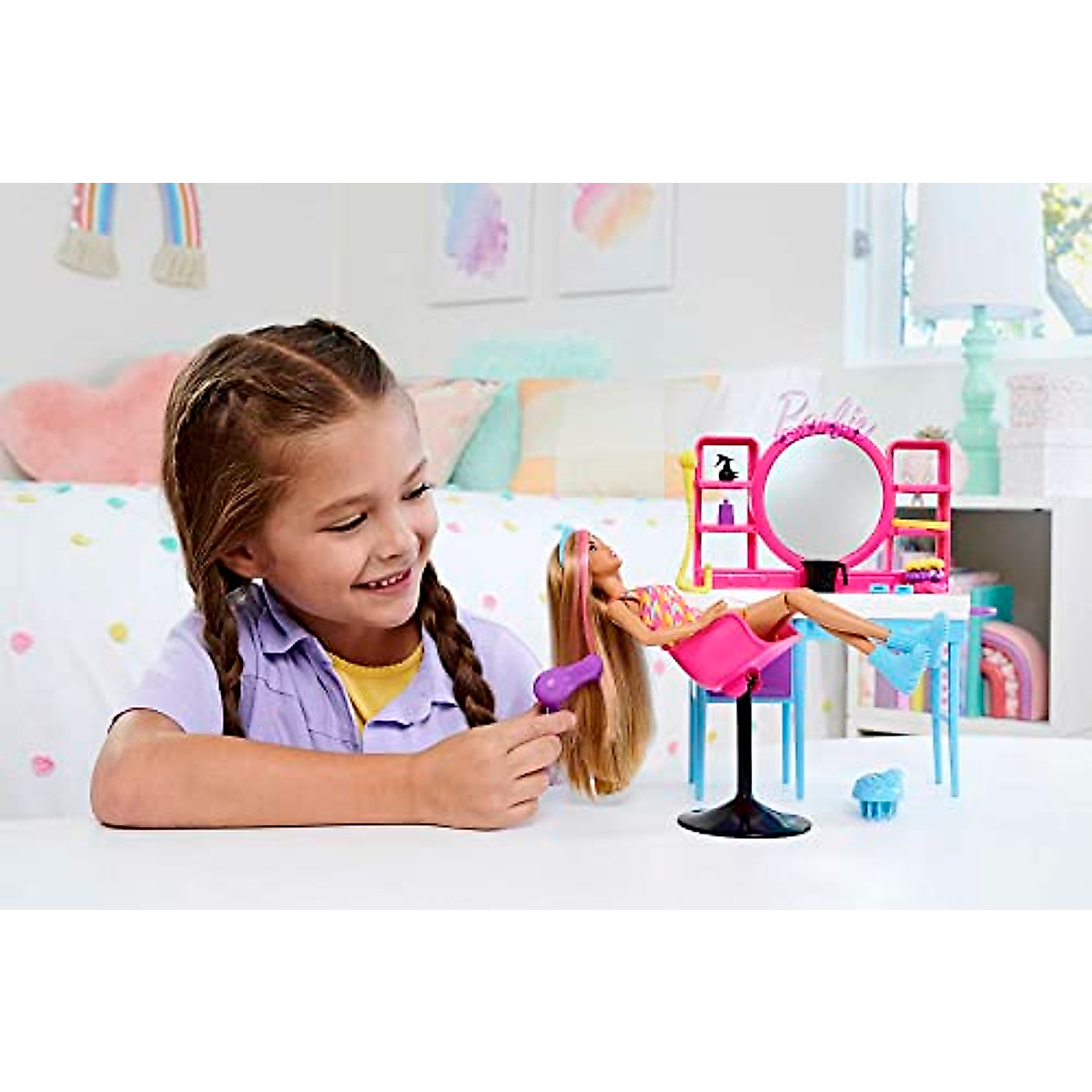 Barbie Doll and Hair Salon Playset with 15 Styling Accessories and Furniture, Long Color-Change Hair and Printed Dress