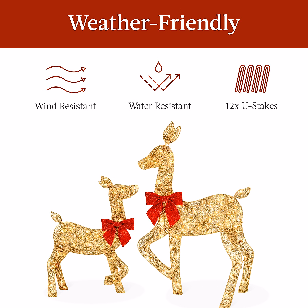 Best Choice Products 4ft 3-Piece 2D Lighted Christmas Deer Family Set, Large Outdoor Yard Reindeer Holiday Decoration with 175 LED Lights, Stakes, Zip Ties - Gold