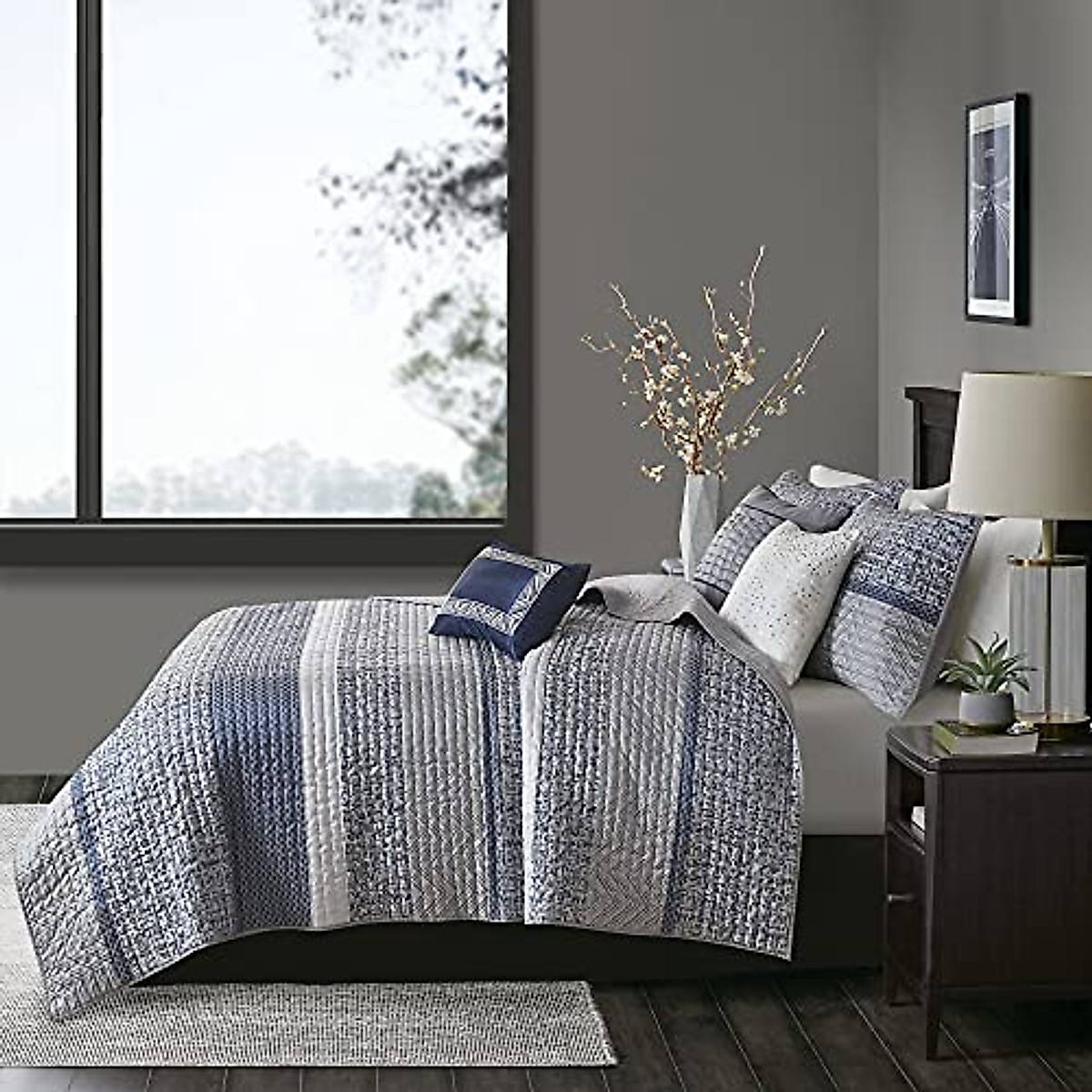 Madison Park King Quilt Set Lustrous Jacquard & Glitter Accent Coverlet Set for King Size Bed - All Season, Lightweight King Quilt Set, Shams, Decorative Pillow, King/Cal King Chevron Grey/Navy