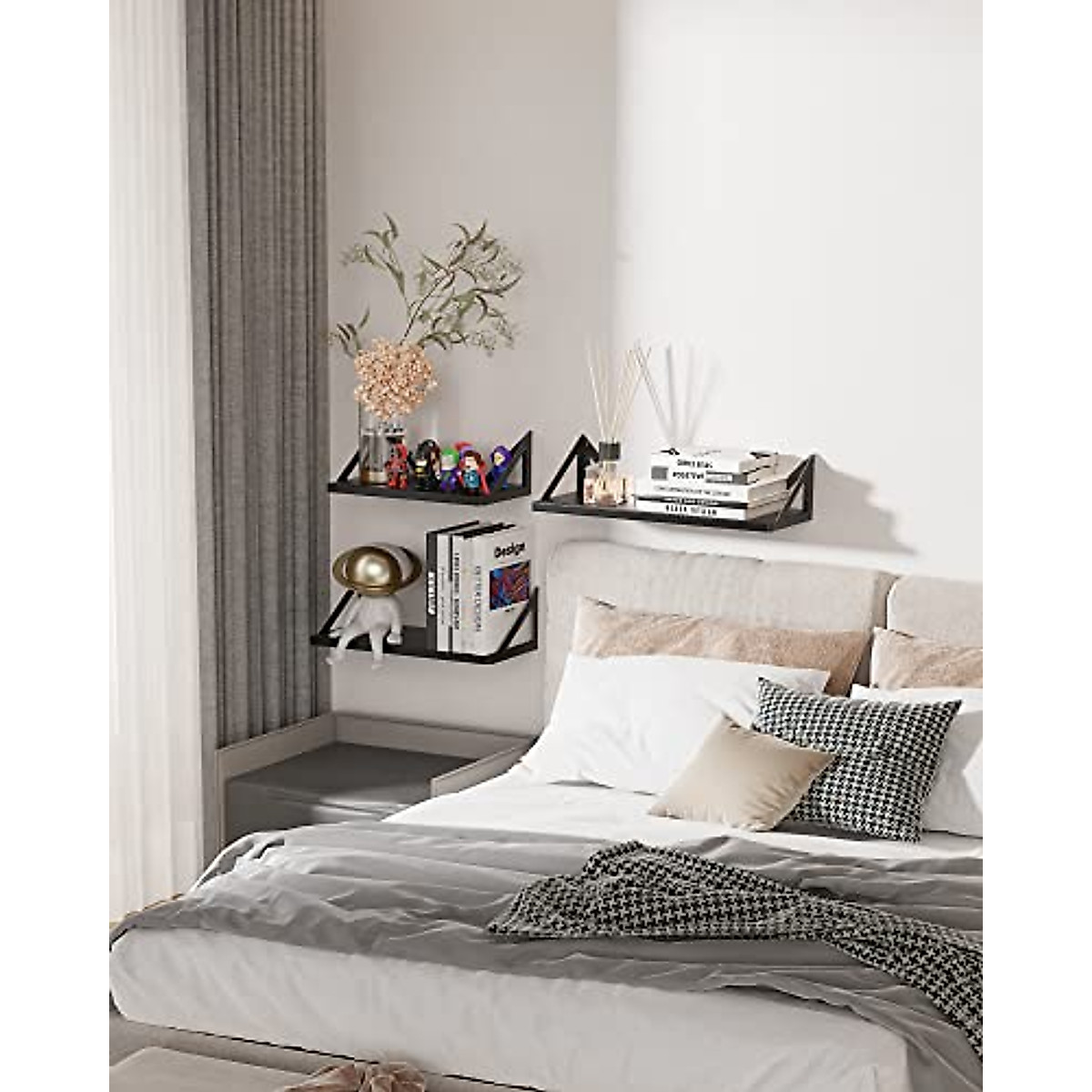 BAYKA Floating Shelves for Bedroom Decor, Rustic Wood Wall Shelves for Living Room Wall Mounted, Hanging Shelving for Bathroom, Laundry Room, Small Shelf for Plants, Books(Black,Set of 3)