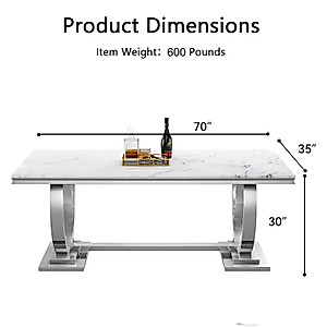 70'' Marble Dining Room Table for 6 or 8, Modern Marble Dining Table w/Silver Stainless Steel U-Base Rectangular Kitchen Table for 8, Large White Dining Table for Home Kitchen Dining Room