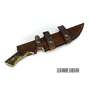 Nooraki HK-81 Handmade Damascus Hunting Knife Ram Horn Handle With Leather Sheath Full Tang Fire & Raindrop Pattern