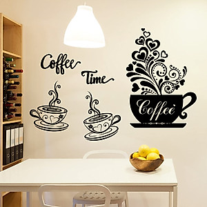 Coffee Cup Wall Decals Vinyl Kitchen Wall Decor Stickers Black Coffee Tea Sign Decor Flower Wall Art Sticker Removable DIY Coffee Saying Decorations for Home Cafe Shop Coffee Station Bar Pub Office