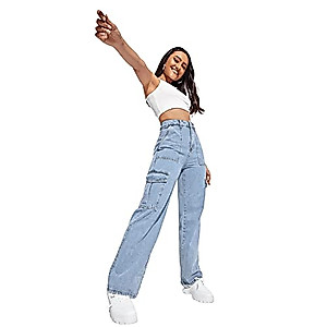 SweatyRocks Women's High Waist Cargo Jeans Flap Pocket Wide Leg Denim Pants Light Wash S