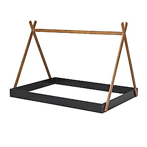 DEYOBED Full Size Tent Triangle Structure, Solid Wood Floor Bed Frame for Kids Boys Girls, No Box Spring Needed, Black+Brown