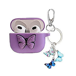 Butterfly Case for Airpod 3 Case,Cute Airpods 3rd Gen Case Cover for Apple AirPods 3rd Generation (2021), Funny Protective Silicone Case Accessories with Butterfly Keychain for Women Girl (Purple)