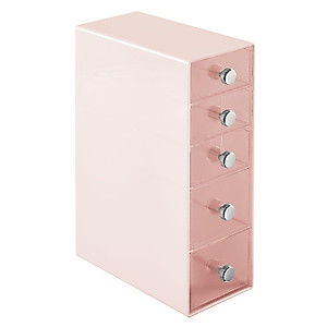 mDesign Plastic 5-Drawer Organizer for Makeup Storage - 5-Tier Storage Organizer - Stackable Organization with Pull-Out Drawers for Bathroom, Vanity, or Desk - Lumiere Collection, Light Pink/Clear