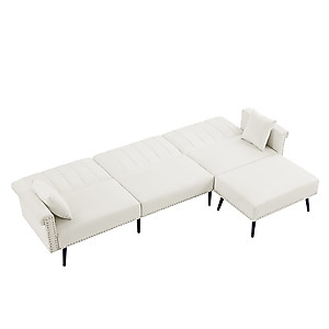 ERYE Elegant White L-Shaped Corner Tufted Sofa Convertible Couch Bed,Velvet Sleeper & Sectional Sofabed W/Reversible Chaise,Movable Ottoman for Home Office Apartment Living Room