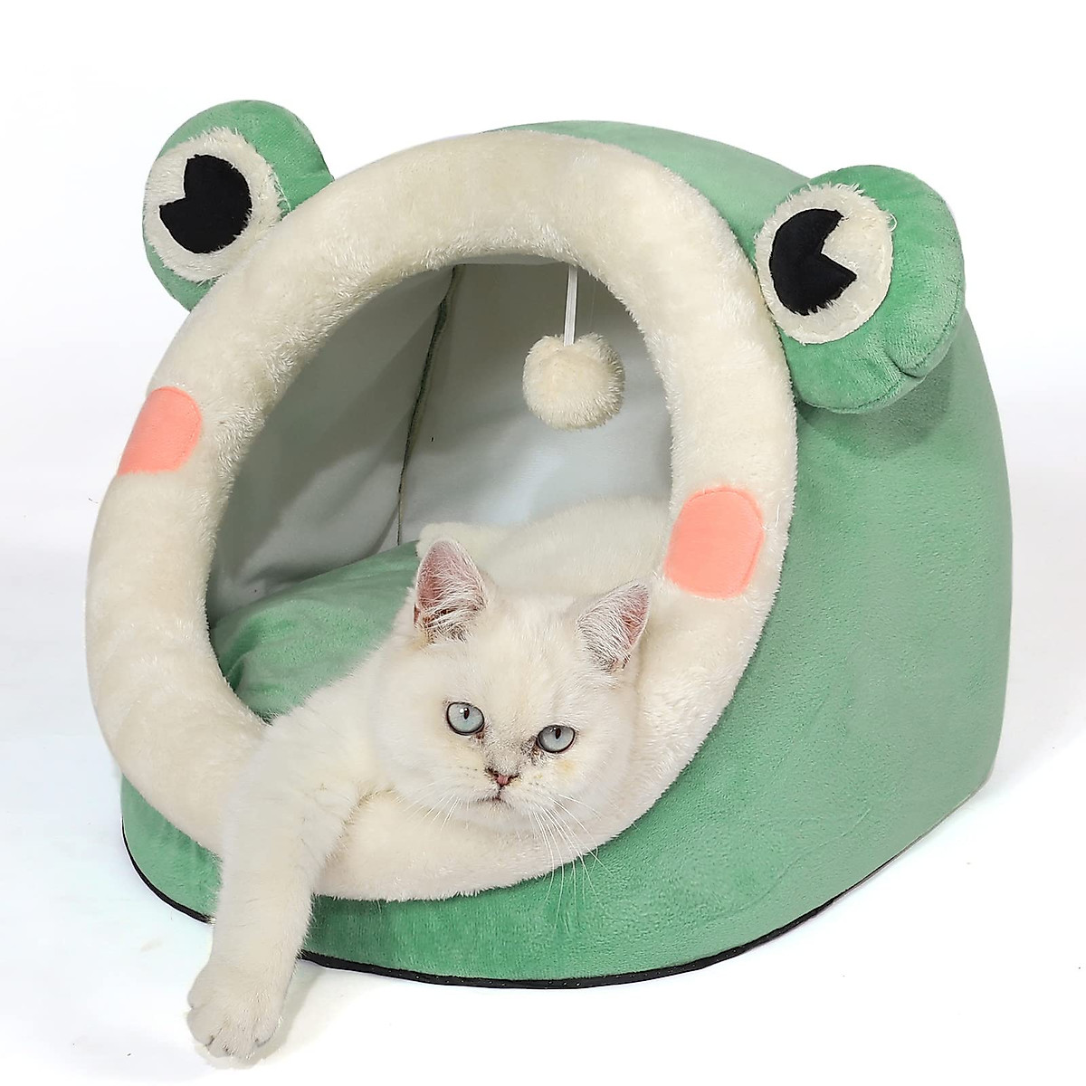 Jiupety Cute Cat Bed, Indoor Lovely Crystal Velvet Igloo for Cat and Small Dog, Warm Cave Sleeping Nest Bed for Puppy and Kitten, Green Frog, M.