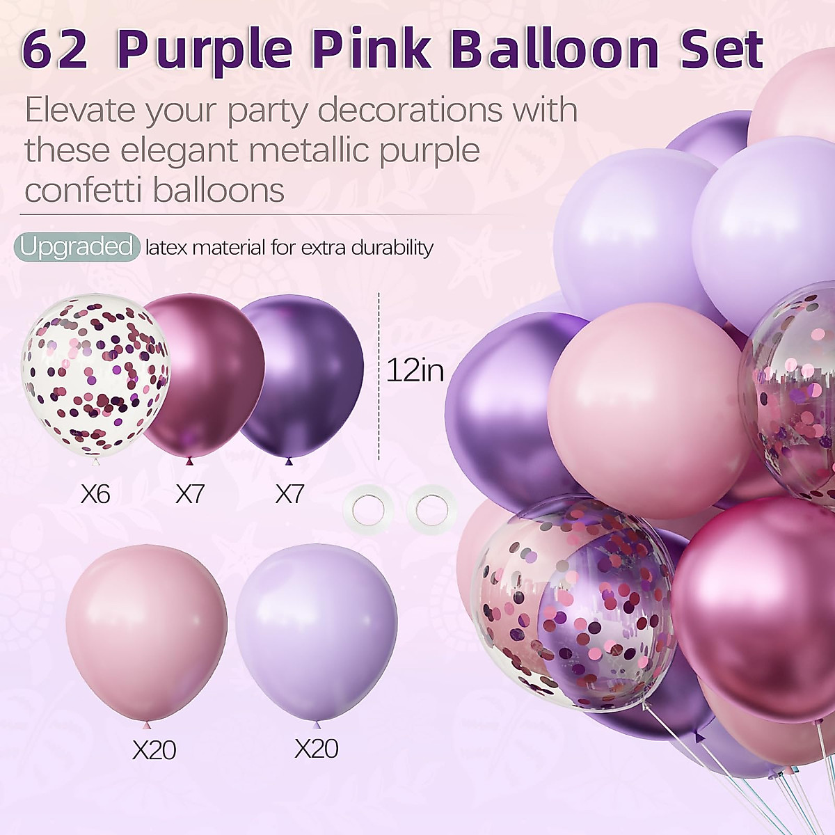 OuMuaMua Pink and Purple Balloons, 62Pcs Light Pink Balloon Lavender Balloons Metallic Pink Purple Latex Balloons for Women Girls Birthday Baby Shower Wedding Princess Party Decorations, 12 Inch