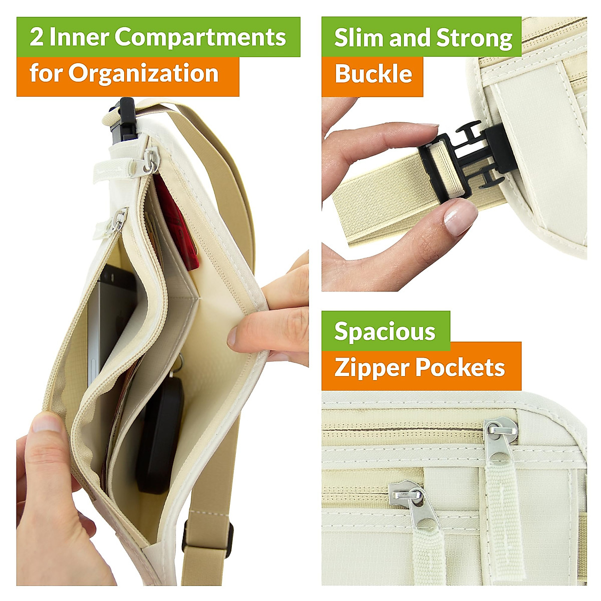 Boxiki Travel Hidden Money Belt for Men & Women - RFID Blocking Waist Pack for Passport, Wallet & Phone - Safe and Secure for Travel (Beige)