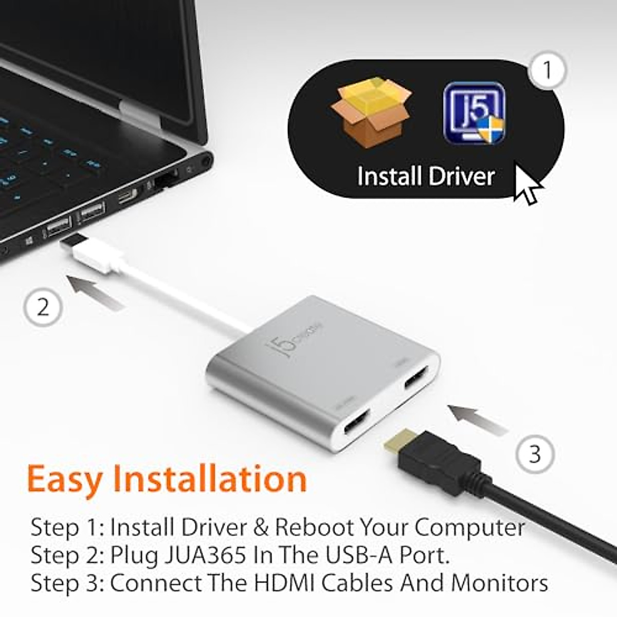 j5create USB to HDMI Adapter - Dual HDMI USB 3.0 Multi-Monitor Cable | 4K + 1080p | Compatible with Windows and macOS (JUA365)