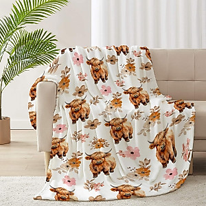 Highland Cow Flowers Blanket for Boys Girls, Cute Highland Cow Kids Throw Blanket Gift for Child, Fluffy Cozy Soft Lightweight Blankets for Bed Office, 40x50 Inches