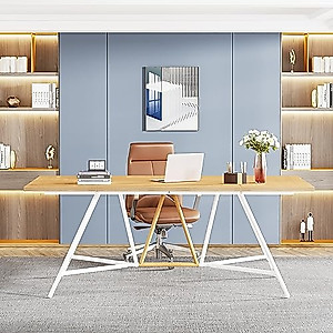 Tribesigns 70.86" Executive Desk, Large Computer Office Desk with Strong Metal Frame, Modern Simple Workstation Business Furniture, 8 People Rectangle Conference Table for Home Office (Natural)