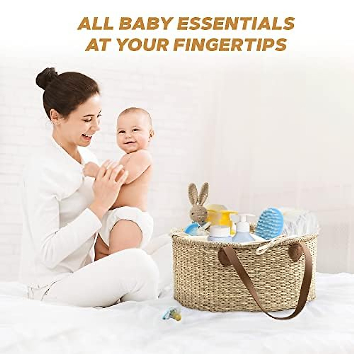 GAIAMADE Seagrass Diaper Caddy, Practical Diaper Holder with Handles, Hand-woven Baby Diaper Caddy Organizer, Neutral Nursery Organizing, Decoration and Gift (included 2 Cotton Drawstring Bags)