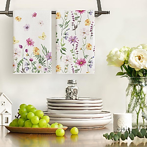 Artoid Mode Pink Yellow Flowers Spring Kitchen Towels Dish Towels, 18x26 Inch Summer Leaves Holiday Decoration Hand Towels Set of 2