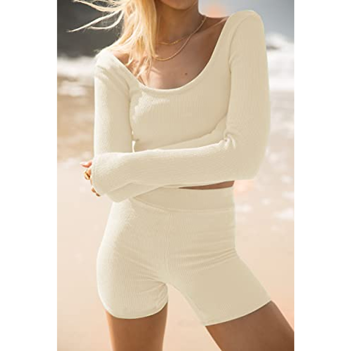 ZESICA Women's Casual 2 Piece Lounge Set Long Sleeve Ribbed Knit Top and High Waist Shorts Workout Set Active Wear Outfits,Beige,Medium