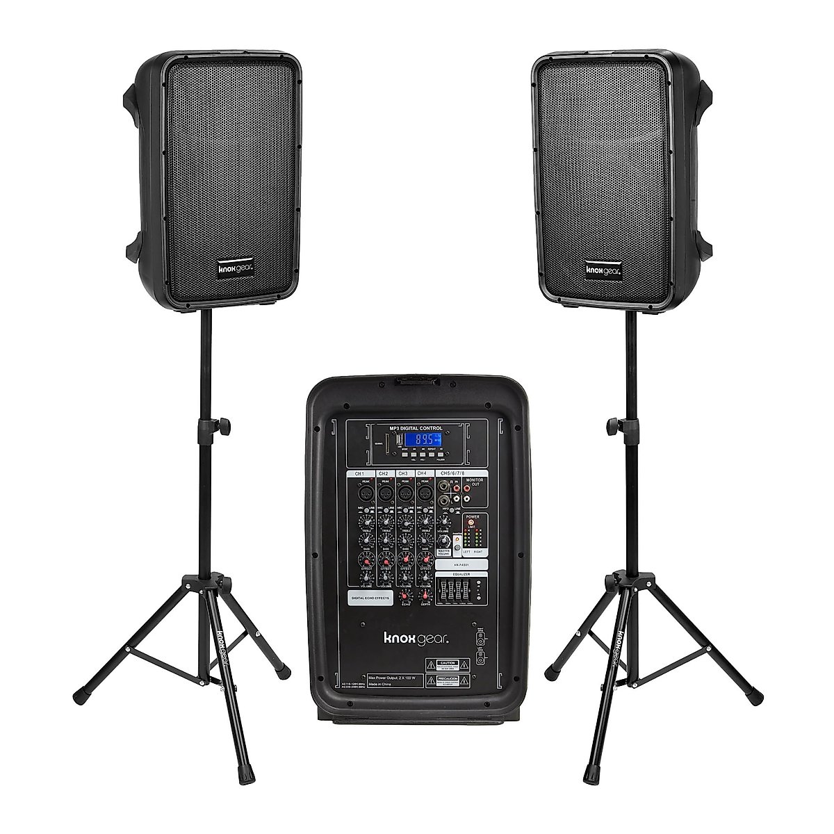 Knox Gear Dual Speaker and Mixer Set–Portable 8” 300 Watt DJ PA System with Wired Microphone & Tripod Stands, Amplifier, Bluetooth, USB, SD, 1/4” Line RCA, XLR Inputs, Ideal for a party or event