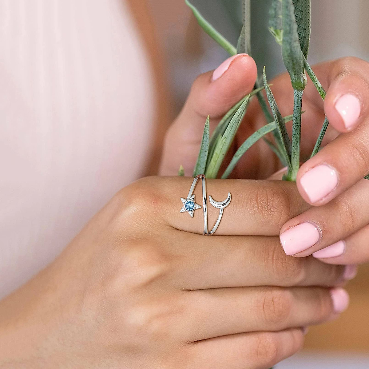 ChicSilver 925 Sterling Silver Open Adjustable Ring Dainty Star and Moon Ring March Birthstone Stackable Knuckle Rings Created Aquamarine Jewelry for Women