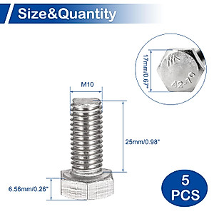 MroMax 5Pcs M10 x 25mm Hex Head Screws Bolts, 304 Stainless Steel 18-8, Fully Threaded, External Hex Drive, for Mounting Chair, Handles, Rail, Pump, Wheels, Antenna Parts, Boat and Plastic Bumpers