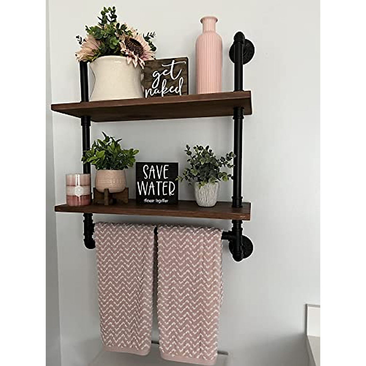 MEYRUOXI Pipe Shelves Industrial Pipe Shelving Industrial Bathroom Shelves with Towel bar,24 in Rustic Metal Pipe Floating Shelves Pipe Wall Shelf,2 Tier Industrial Shelf Wall Mounted with Hook